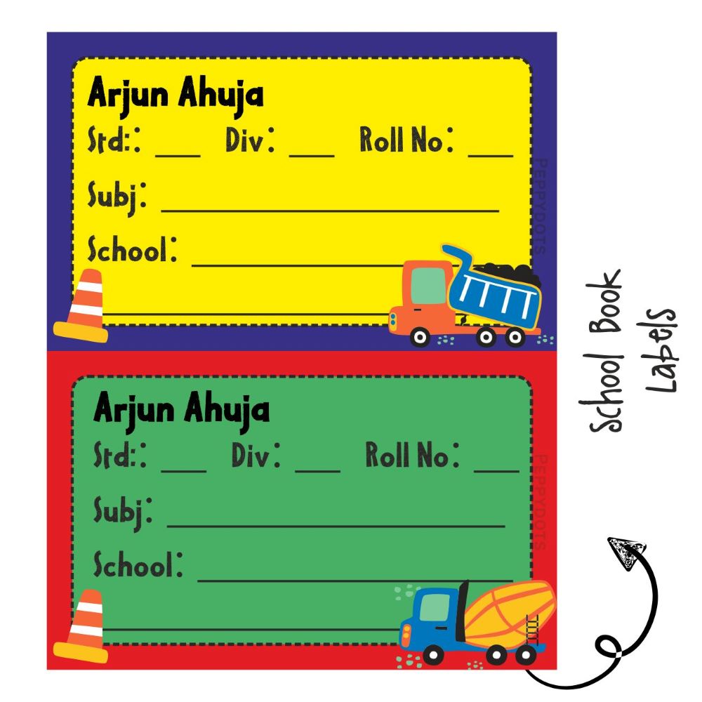 School Book Labels - Construction Vehicle - Pack of 36 labels - PREPAI ...