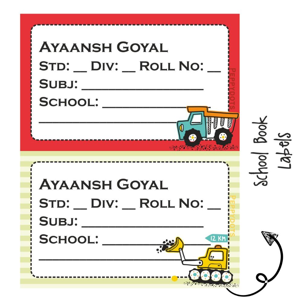 School Book Labels - Cute Construction Vehicles - Pack of 36 labels PR ...